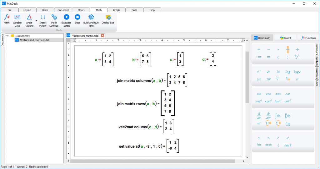 Creating Vectors and Matrix in MatDeck - MatDeck Lessons